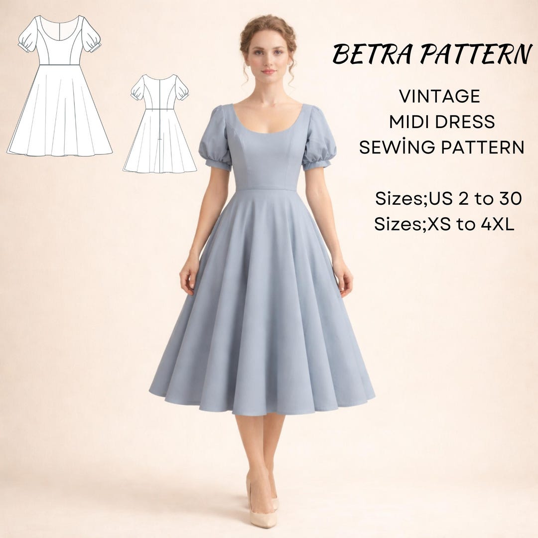 Vintage Midi Dress Sewing Pattern – Wide Scoop Neck Style – PDF A0/A4 ...
