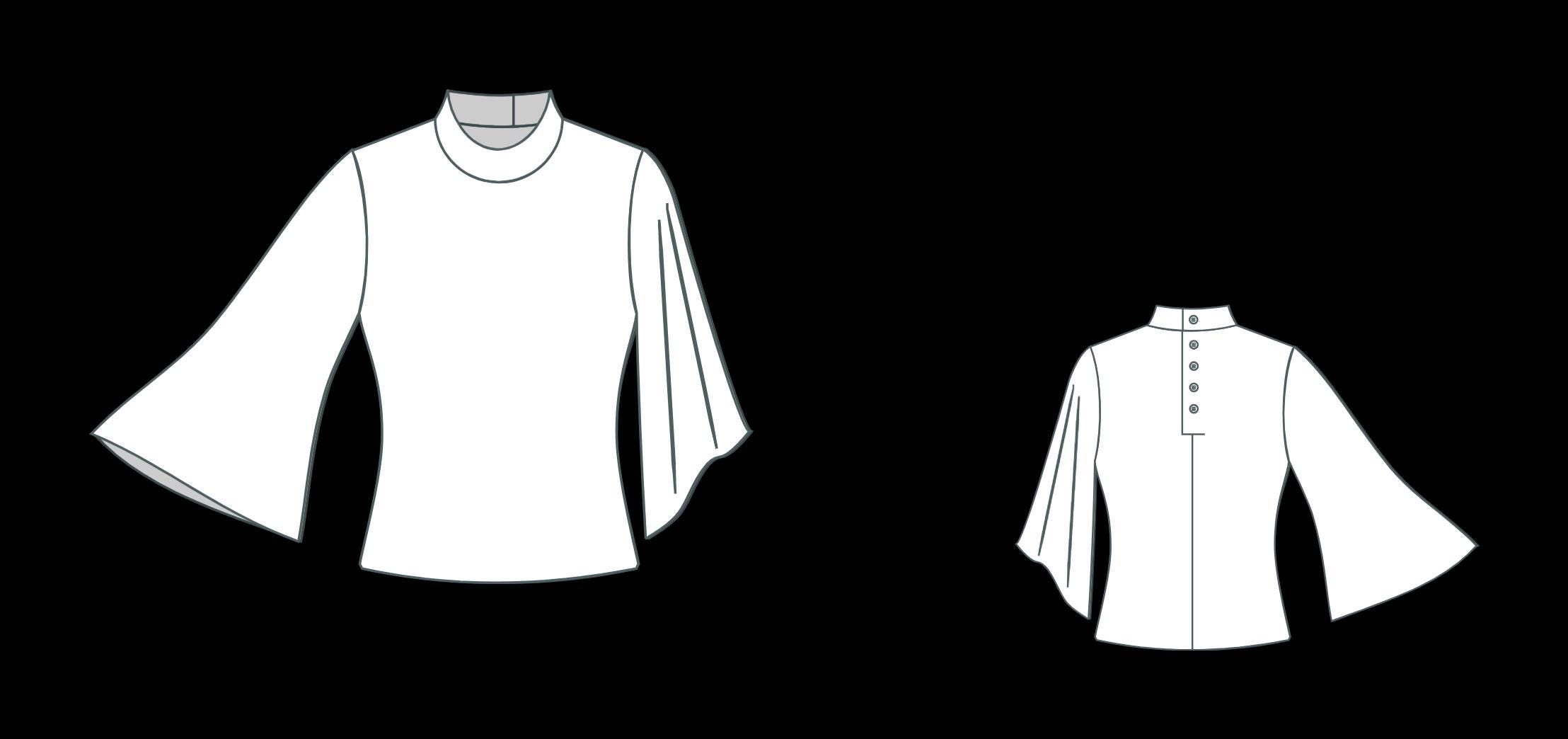 High-collar Blouse Sewing Pattern – Bell Sleeve Top – PDF A0/A4 US 2-30 ...