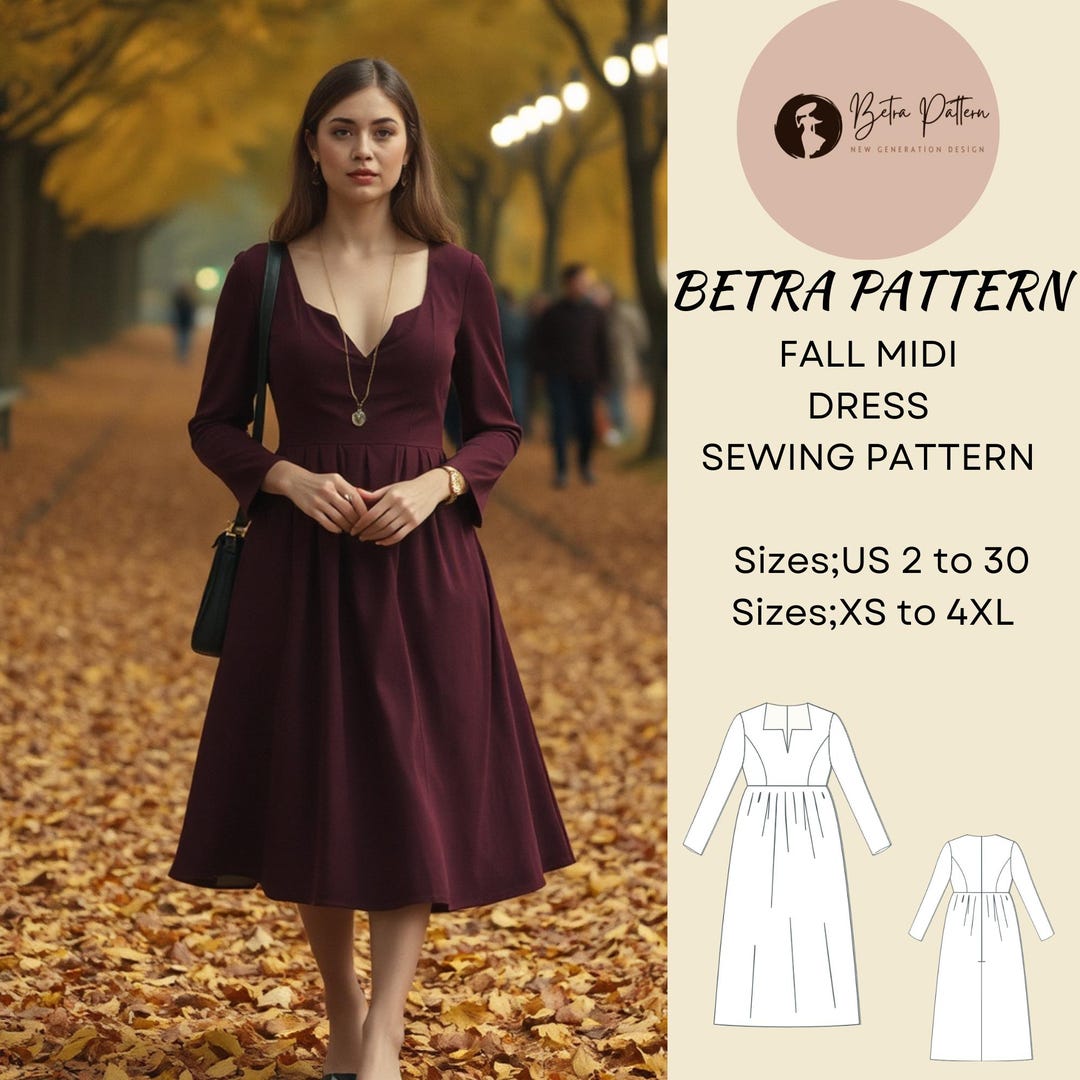 Gathered Midi Fall Dress Sewing Pattern: Long Sleeve (US;2-30,XS,4XL,A4 ...