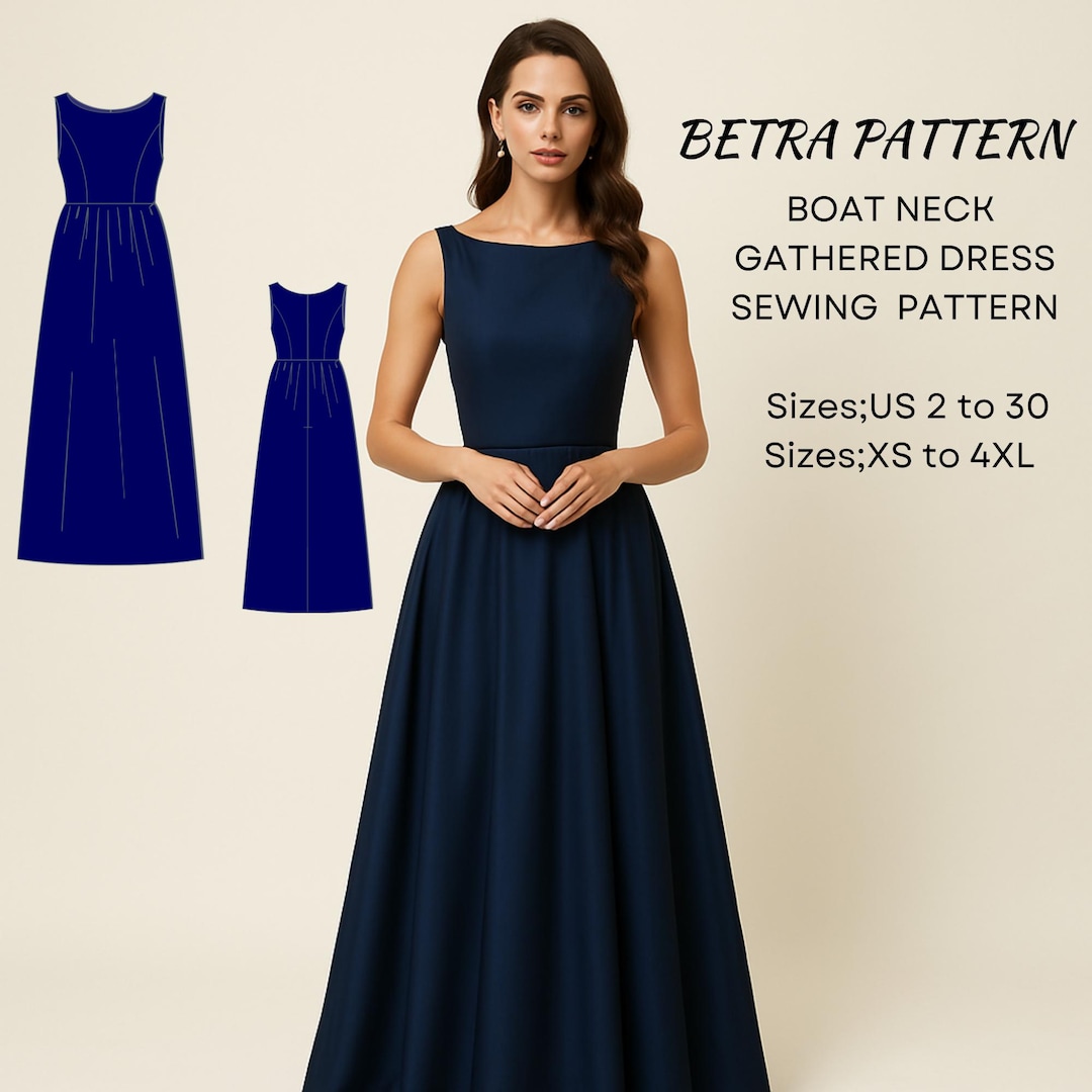 Boat Neck Gathered Dress Sewing Pattern: Maxi Ball Gown (A0, A4-US ...