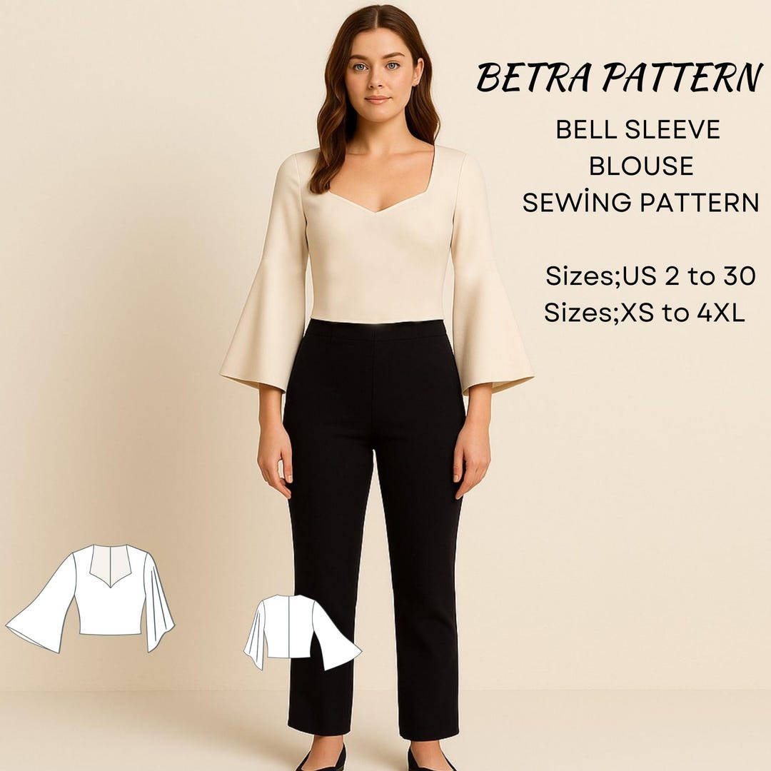 Bell Sleeve Blouse Sewing Pattern: Sweetheart Neck Boho Top (PDF ...