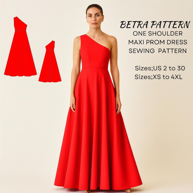 One Shoulder Ball Gown Sewing Pattern: Prom, Engagement, Evening (A4 ...