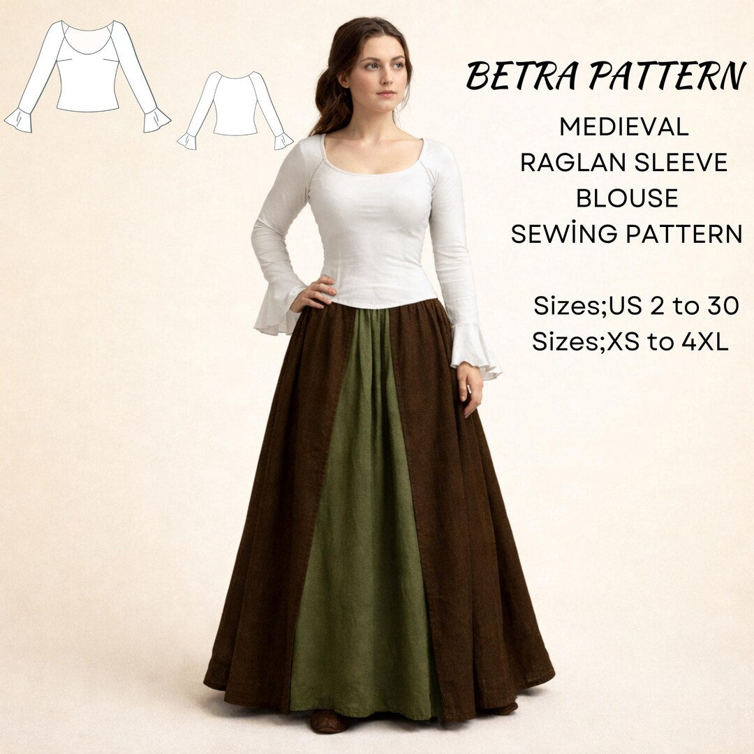 Medieval Raglan Sleeve Blouse Sewing Pattern: Wide Scoop Neck,ruffle ...