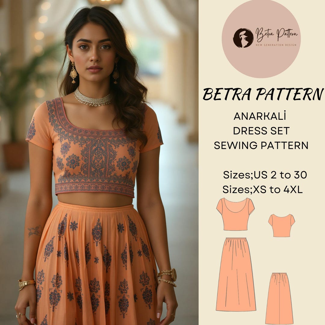 Anarkali Dress Set Sewing Pattern: Indian Lehanga Choli, XS-4XL (PDF ...