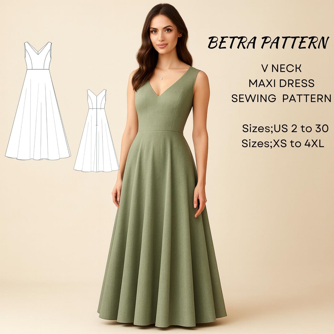 V-neck Evening Gown Sewing Pattern: Maxi Ball Gown, Cottagecore, Prom ...
