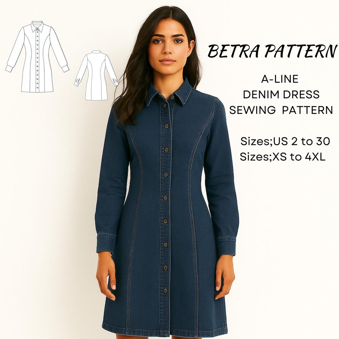 A-line Denim Dress Sewing Pattern – Long Sleeve Shirt Dress (PDF A0/A4 ...