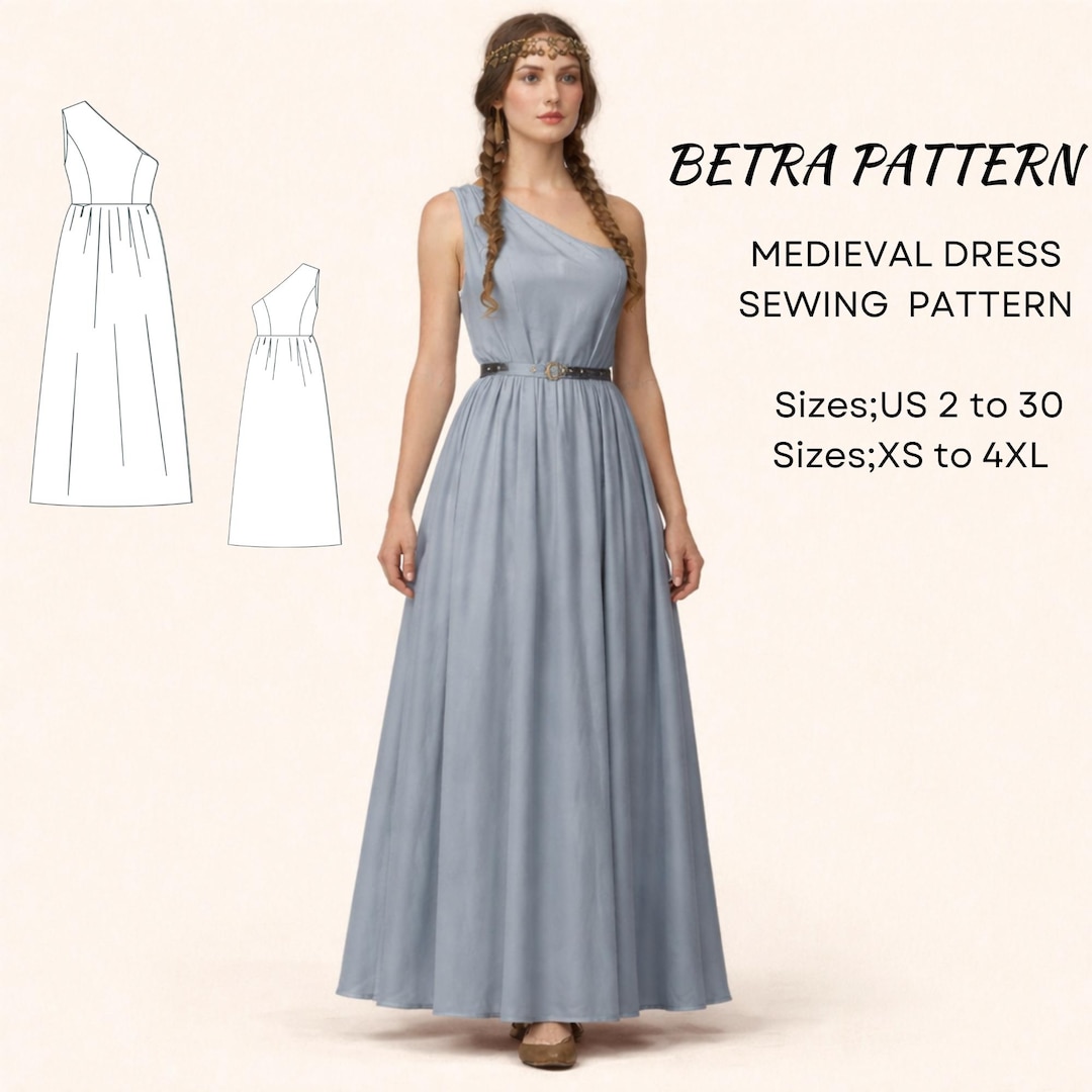 Medieval One Shoulder Dress Sewing Pattern – Ankle Lenght –PDF A0/A4 US ...
