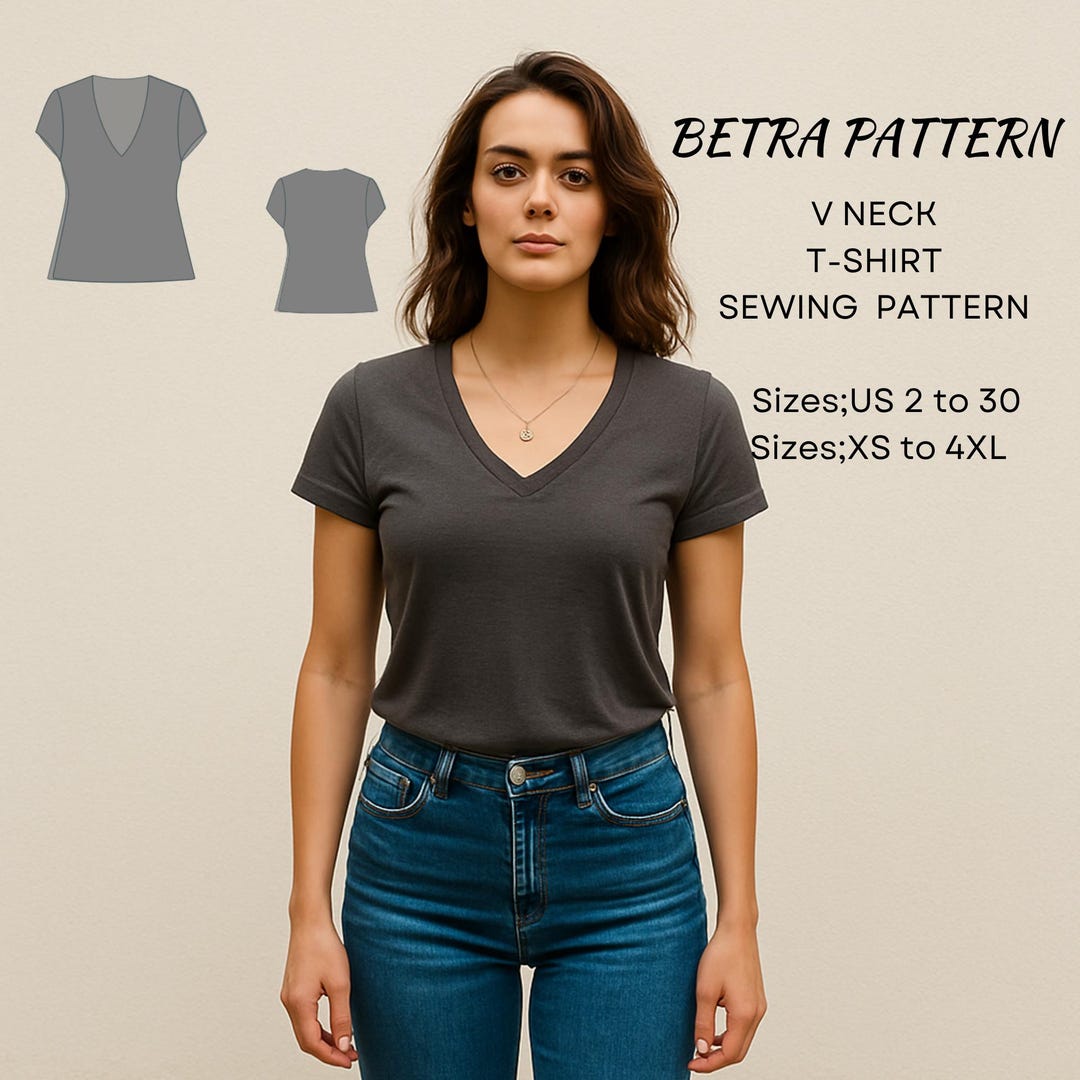 V-neck Fitted T-shirt Sewing Pattern: Women's Basic Top (sizes XS-4XL ...