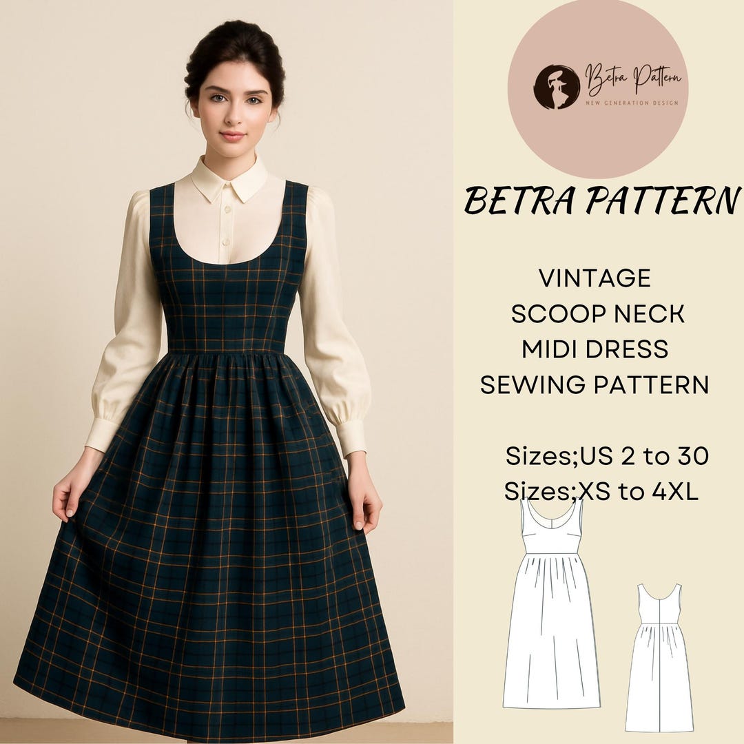 Vintage Plaid Midi Dress Sewing Pattern – Scoop Neck Cosplay (PDF A0/A4 ...