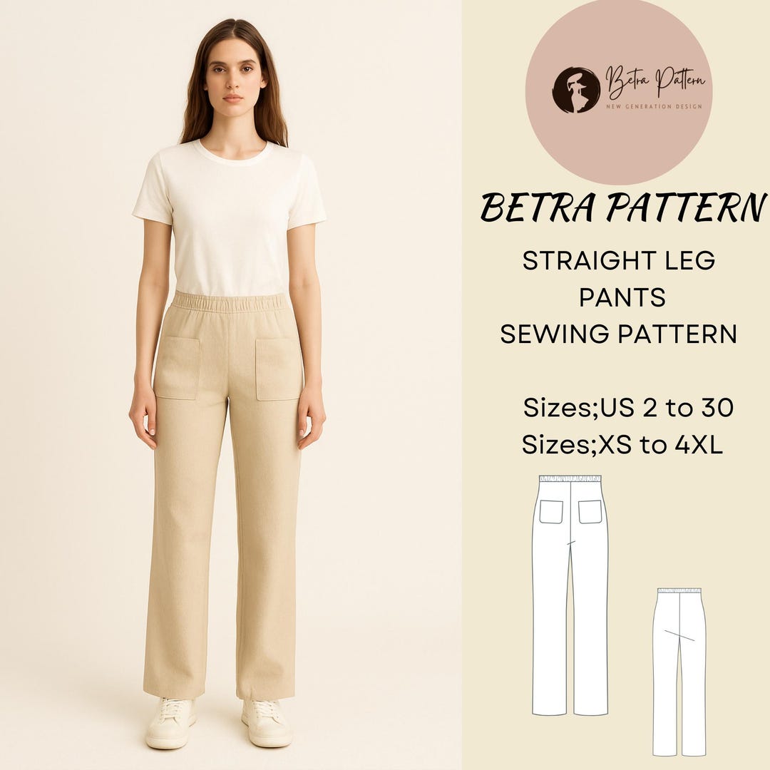 Straight Leg Pants Sewing Pattern, Elastic Waist, Patch Pocket (A4, US ...