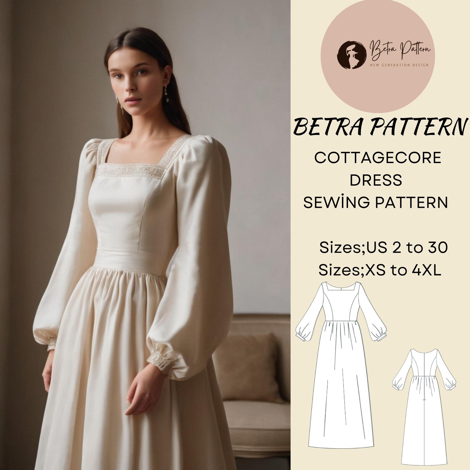 Cottagecore Maxi Dress Sewing Pattern,court Style Dress,fairy Dress ...