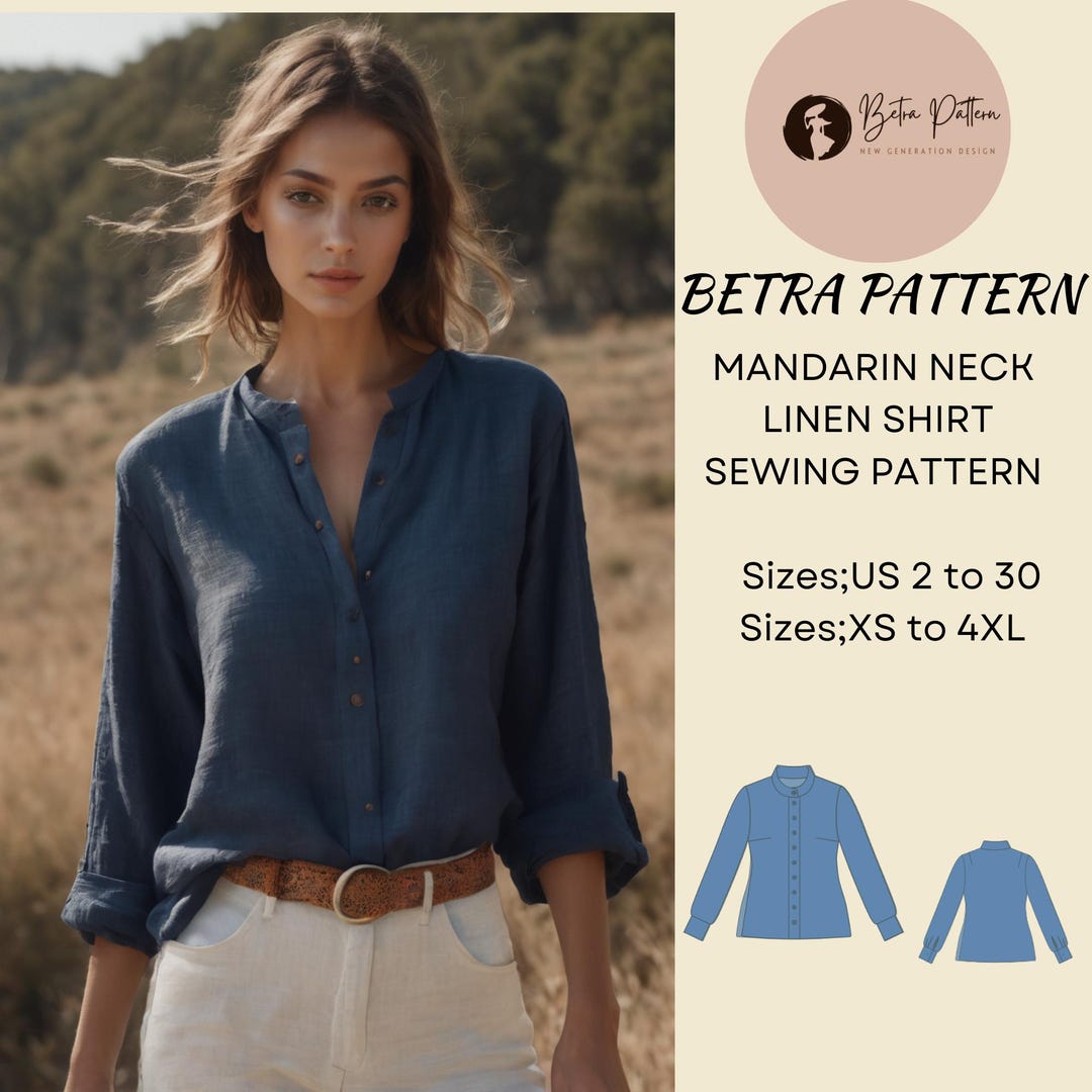 Mandarin Collar Linen Shirt Sewing Pattern: Buttondown Blouse (PDF ...