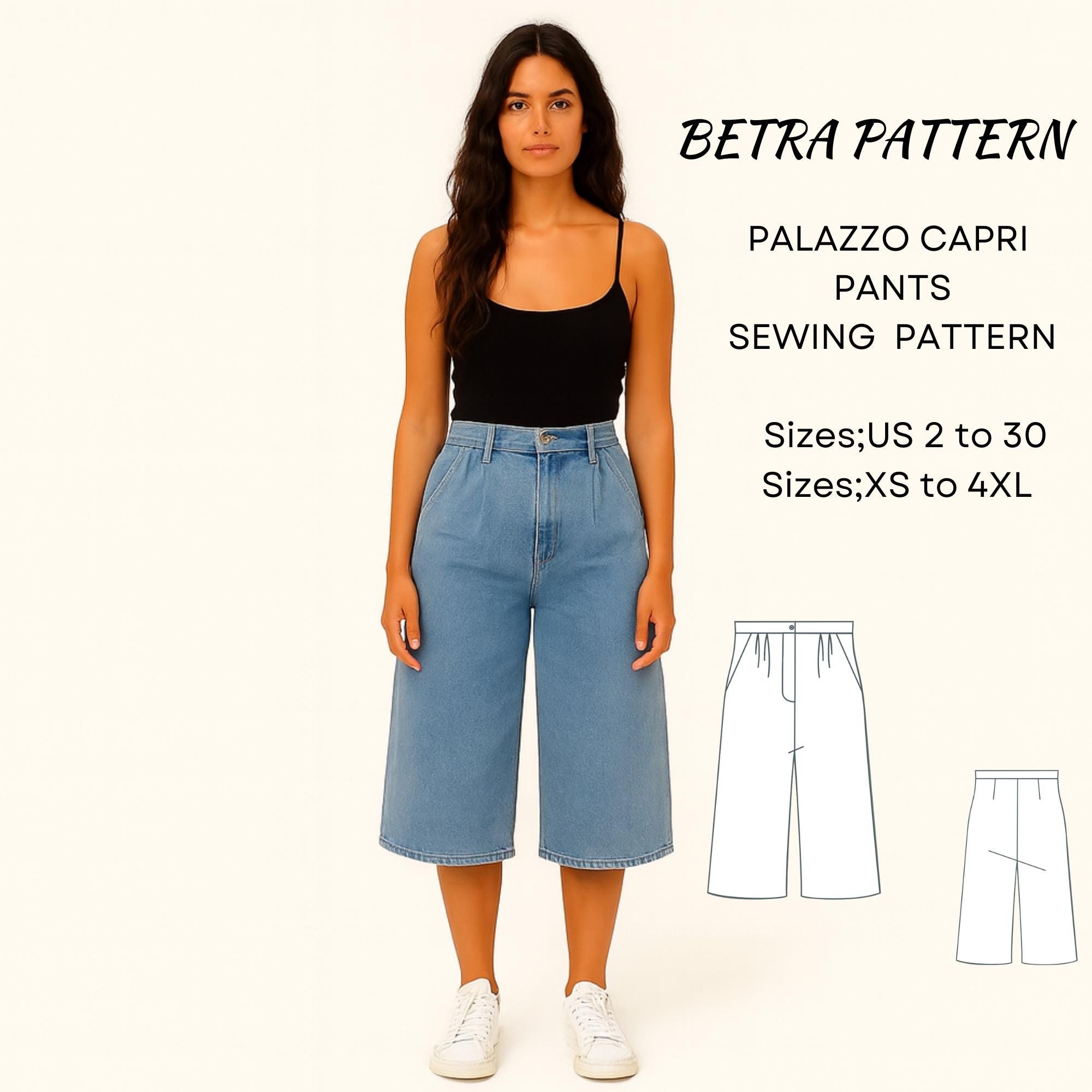 Palazzo Capri Pants Sewing Pattern: Loose Fit Trousers (A0, A4-US ...