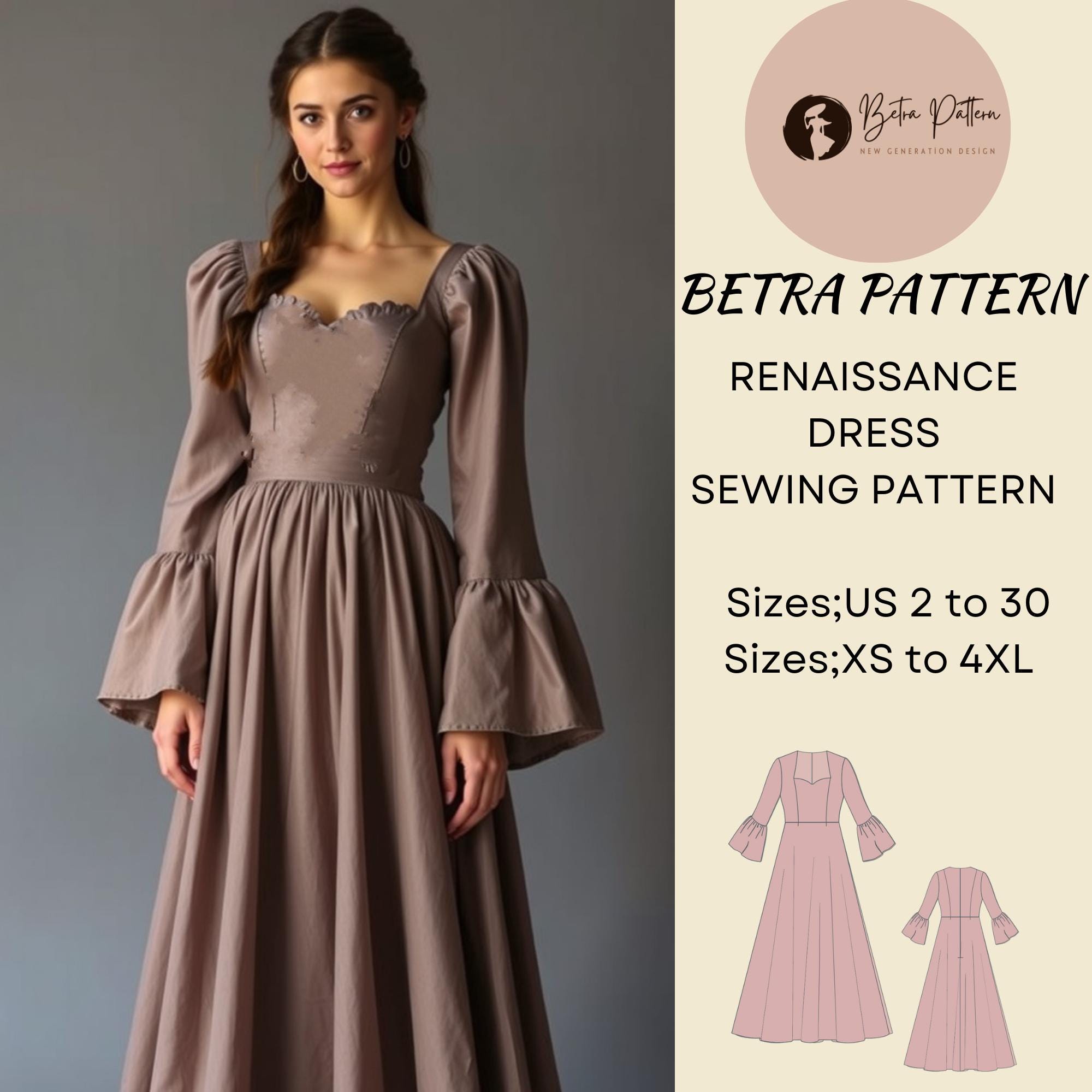 Victorian Renaissance Dress Sewing Pattern,medieval Maxi Dress ...