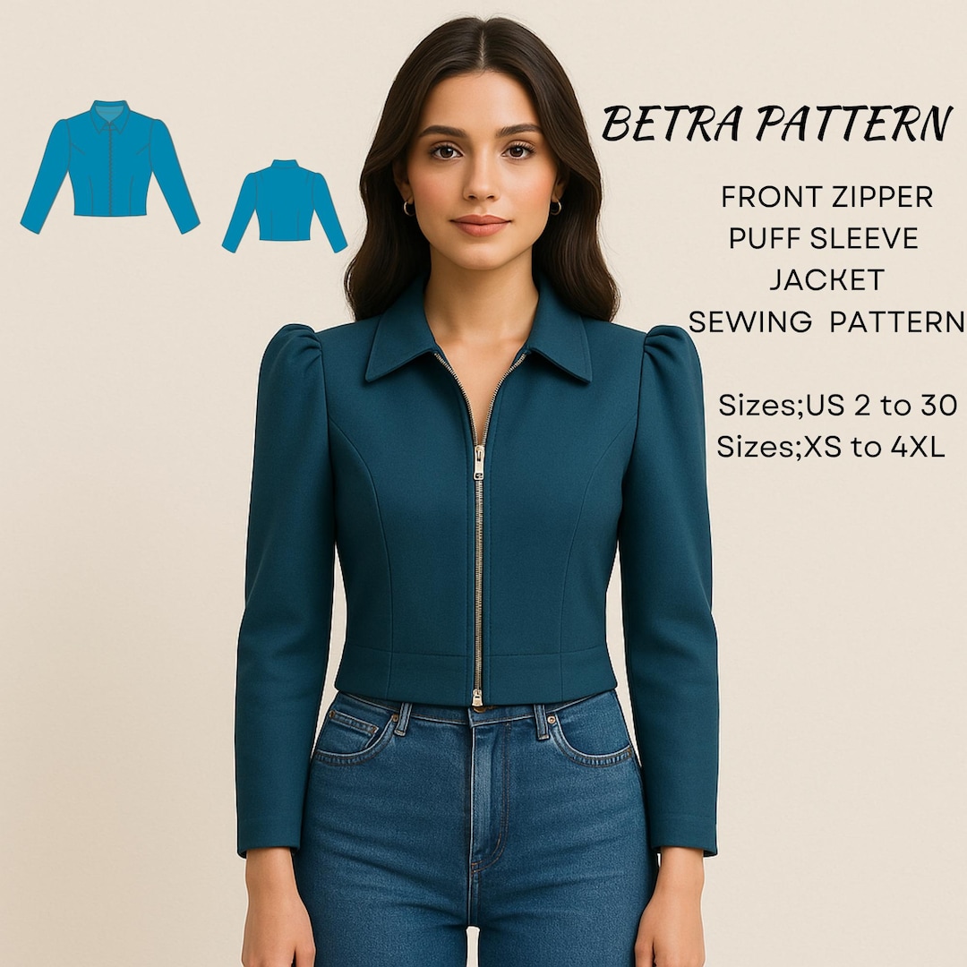 Front Zipper Puff Sleeve Jacket Sewing Pattern,cuttle Collar Jacket ...
