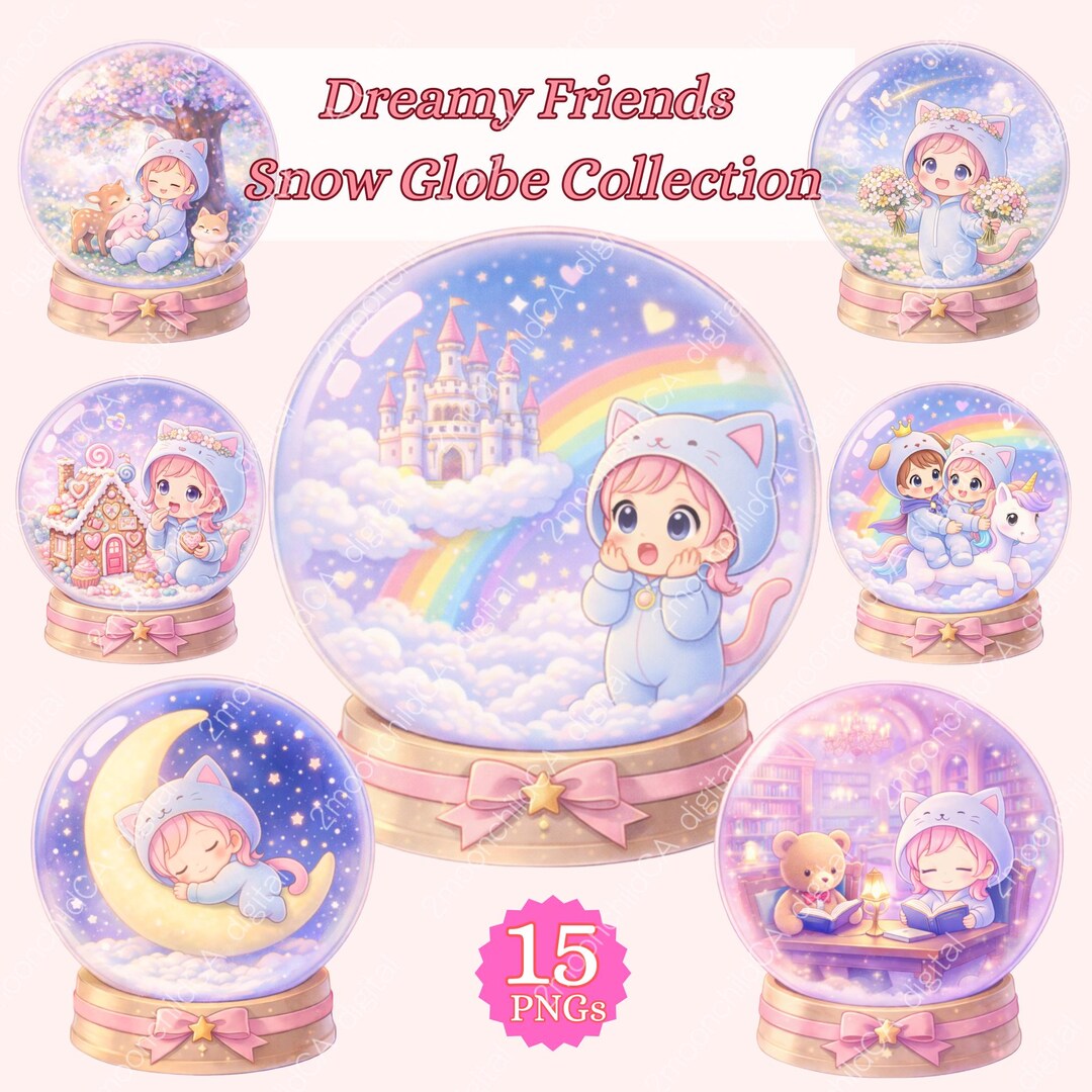 Dreamy Friends Snow Globe Clipart Set, Kawaii Girl Snow Globe PNG, Soft ...