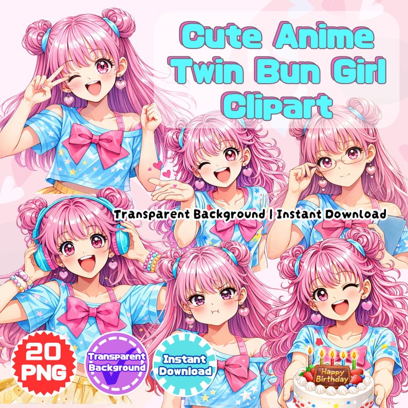 Kawaii Anime Girl Clipart PNG Bundle, Pink Hair Twin Bun Character ...