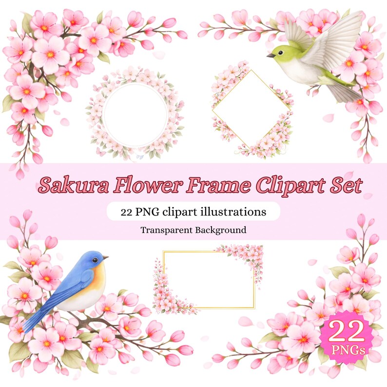 Sakura Flower Frame Clipart Set, Cherry Blossom Floral Frames PNG ...