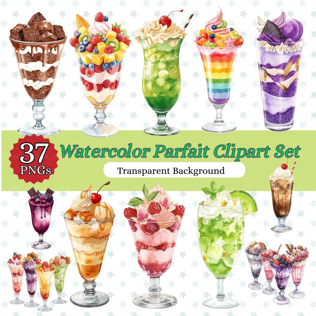 Watercolor Parfait Clipart Set | 37 Dessert Pngs | Rainbow Parfait ...