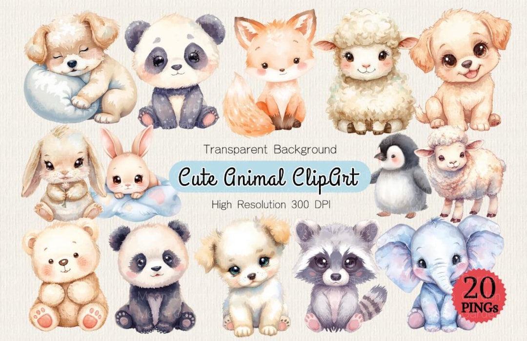 Cute Animal Clipart Set | Baby Animals PNG, Watercolor Style ...