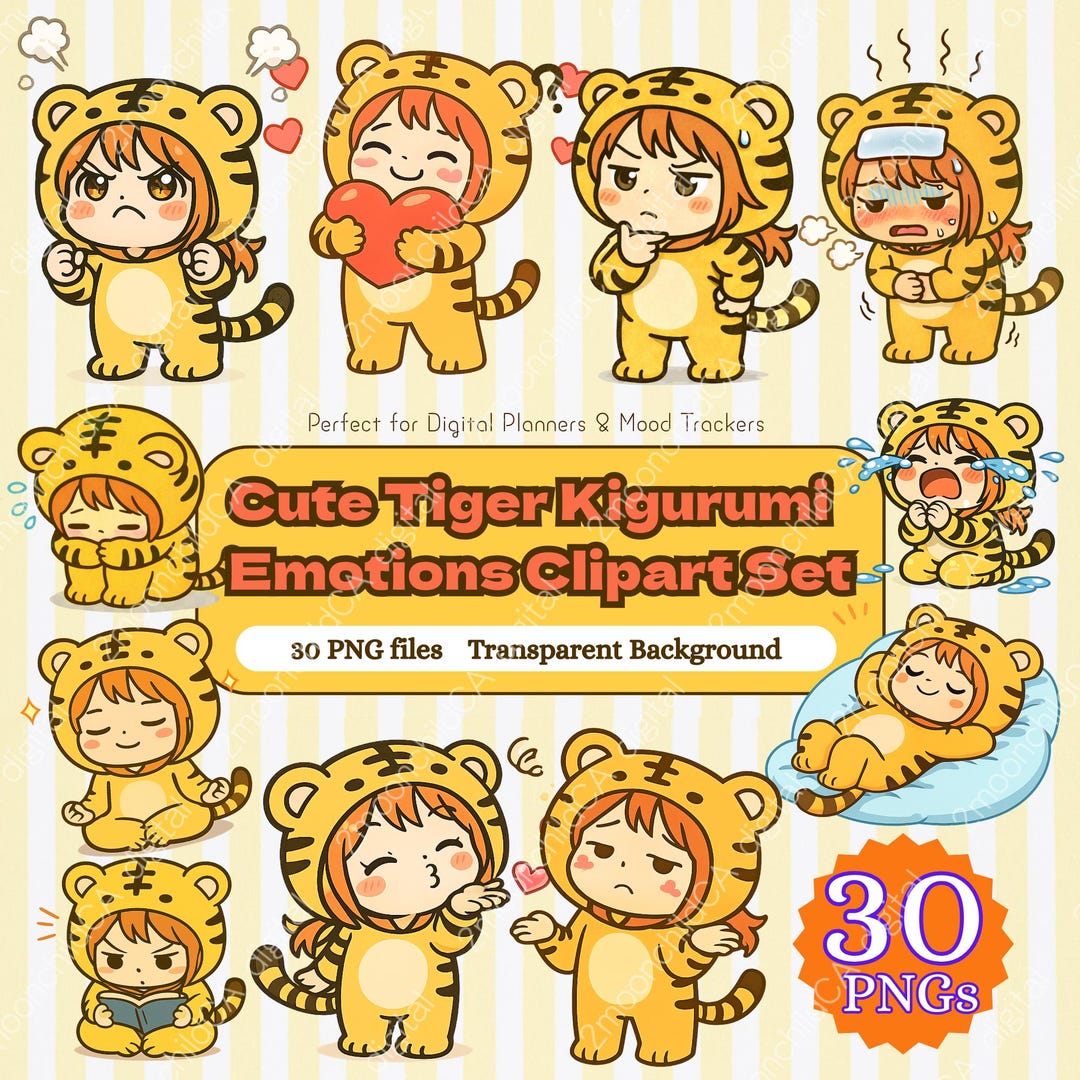 Cute Tiger Emotions Clipart Set, 16 PNG Files, Mood Character Clipart ...
