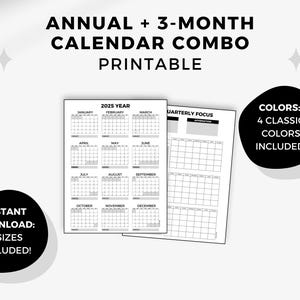 Printable Annual + 3-month Calendar Combo - 4 Classic Colors - Etsy