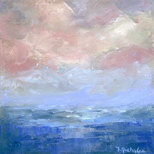 Ocean Art Print, Pink Clouds Artwork, Navy Blue Seascape Artwork by ...
