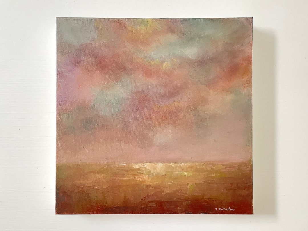 Small Moody Red Abstract Landscape Painting, Original Night Sky and ...