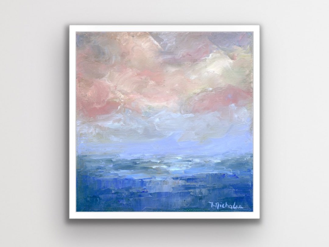 Ocean Art Print, Pink Clouds Artwork, Navy Blue Seascape Artwork by ...