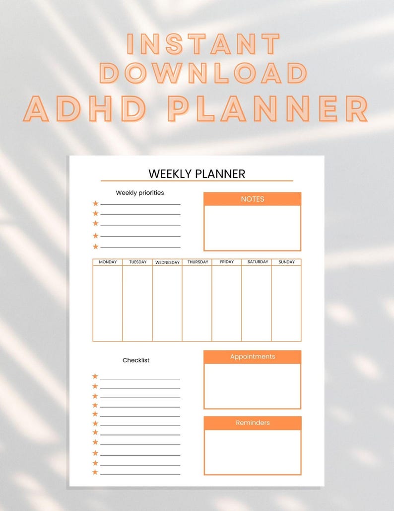 ADHD Planner Weekly Planner Printable Minimalist Weekly Program Office ...
