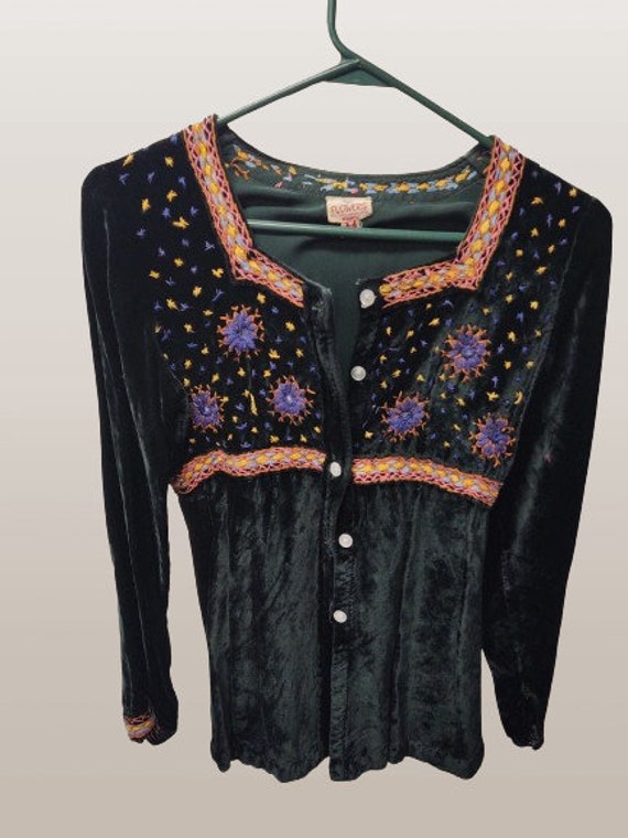 1960's Boho Black Velvet embroidered top.made by Flow… - Gem