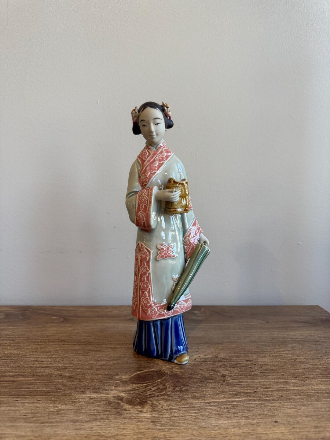 Vintage Shiwan Ceramic Figurine - Lady With Umbrella Statue 11” Signed ...