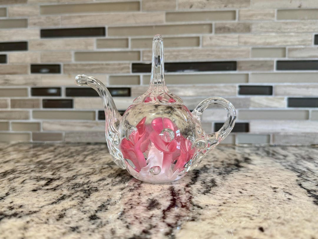 Vintage Joe Rice Handblown Glass Teapot Paperweight - Pink Flowers - Etsy