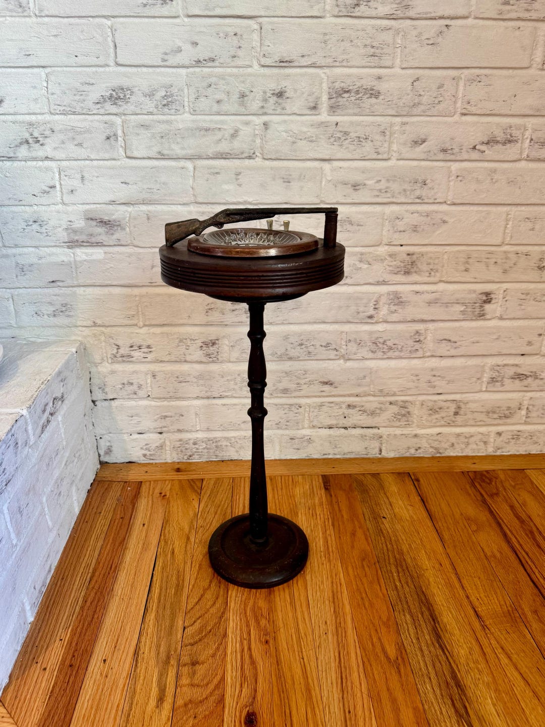 Vintage 20" Wooden Cigar Ashtray Stand With Crystal Ashtray, Rotating ...