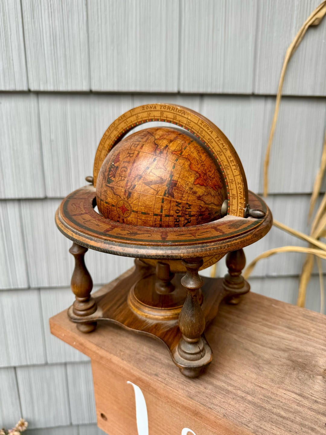 Vintage Italian Spinning Desk Globe With Astrological Signs, Dark Wood ...