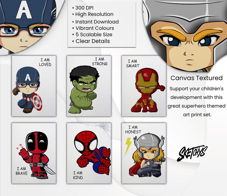 Avengers Superhero Kids Wall Art Set – Motivational Prints, Nursery ...