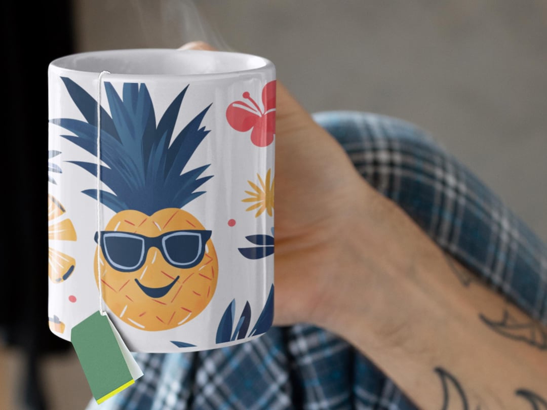 Happy Pineapple Beach Pattern Mug, Beach Coffee Mug, Positive Pineapple ...