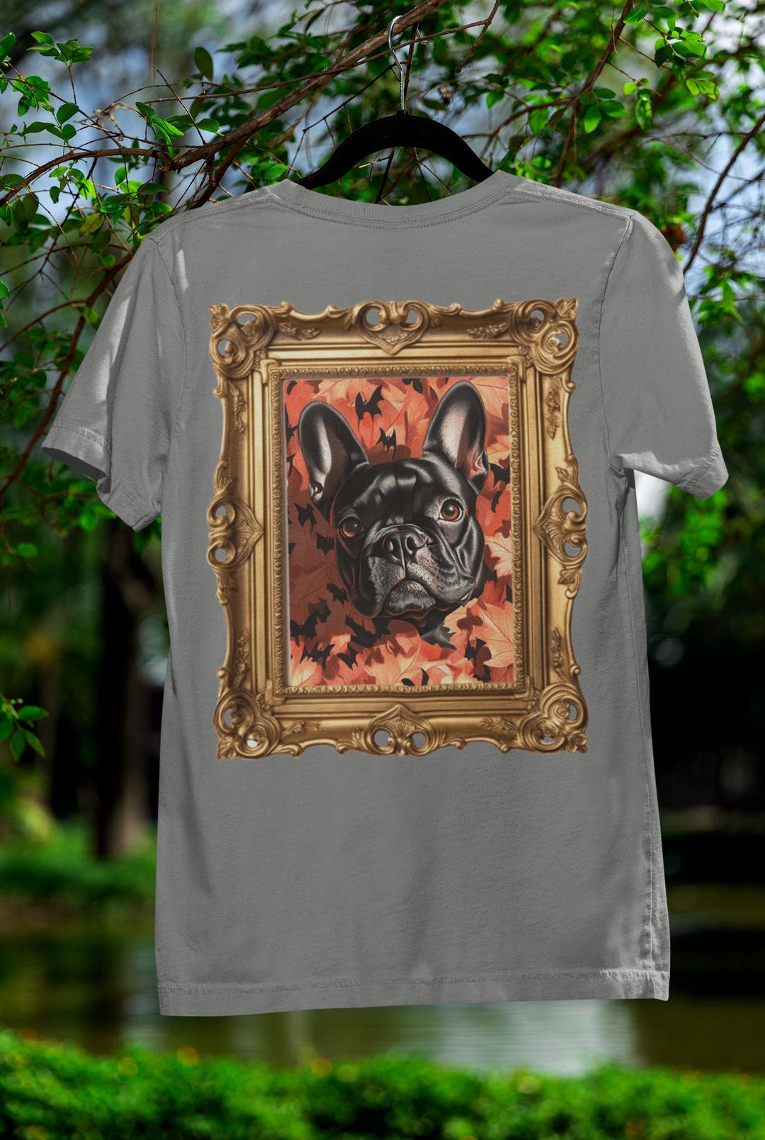 French Bulldog Fall T-shirt, Gold Frame Bulldog Face Tee, Unisex Autumn ...