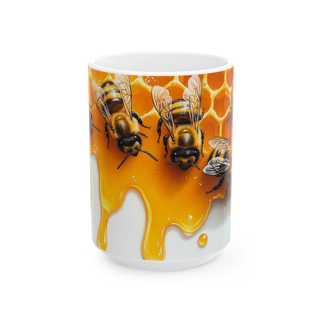 Ceramic Mug | Realistic Honey Bees on a Honey Comb Design | Nature Lover Gift | Coffee Cup | Tea ...