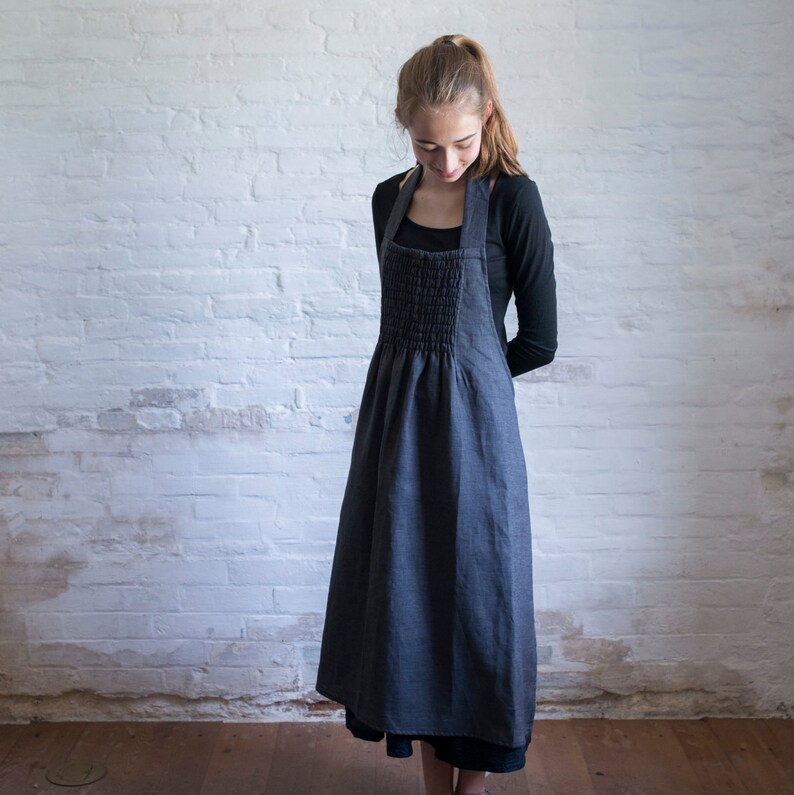 Smocked Apron in Dark Grey Linen - Etsy