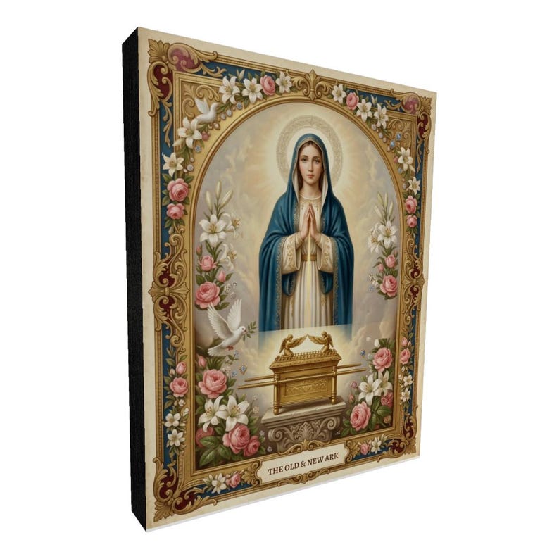 Mary New Ark Covenant Catholic Wood Panel Art, Roses, Lilies, Doves ...