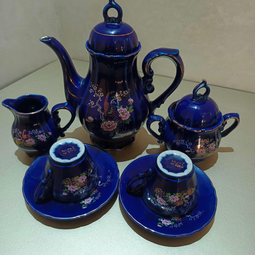 Vintage 1980s Cobalt Blue Tea Set – Peacock Design Porcelain ...