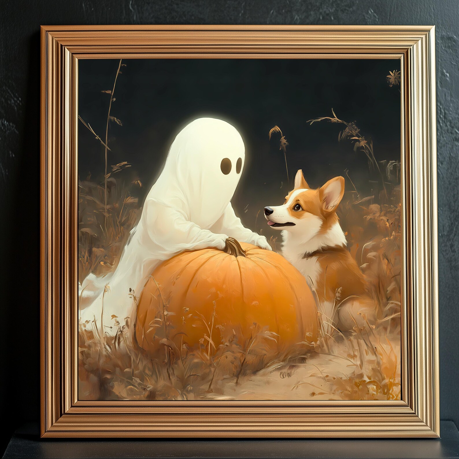 Ghost and Dog Halloween Art Poster Spooky Halloween Art Halloween Dog Print Corgi Dog Art Poster ...