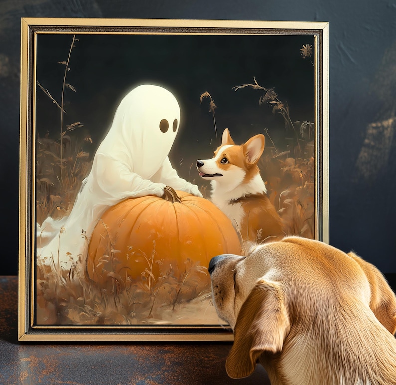 Ghost and Dog Halloween Art Poster Spooky Halloween Art Halloween Dog ...
