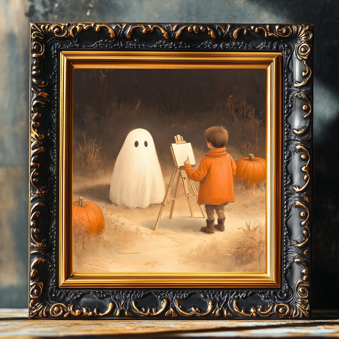 Ghost and a Boy Halloween Art Poster Spooky Halloween Art Halloween ...