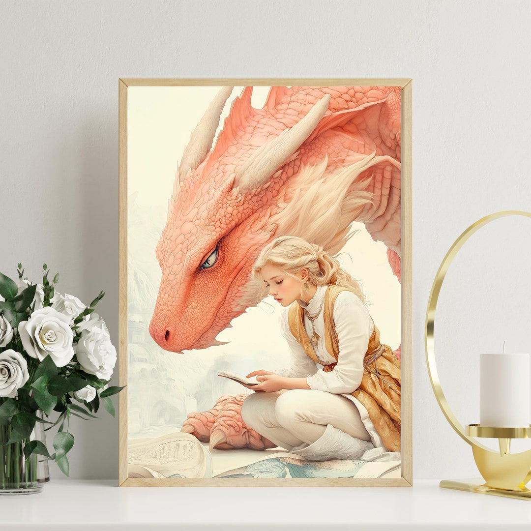 Dragon and Girl Wall Art Feminine Pink Dragon Fantasy Home Decor ...