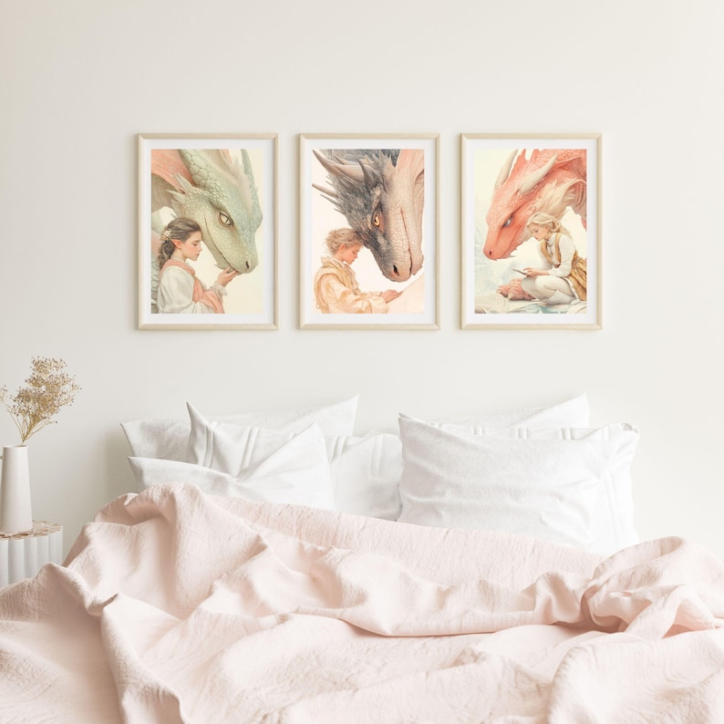 Dragon and Girl Wall Art Feminine Green Dragon Fantasy Home Decor ...