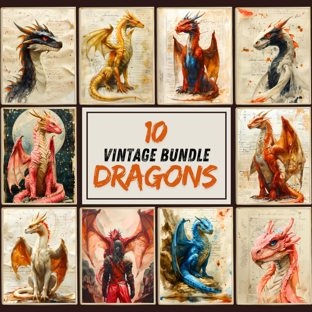 Vintage Dragons Poster Pack 10 PCS, Fantasy Dragon Magical Creatures ...