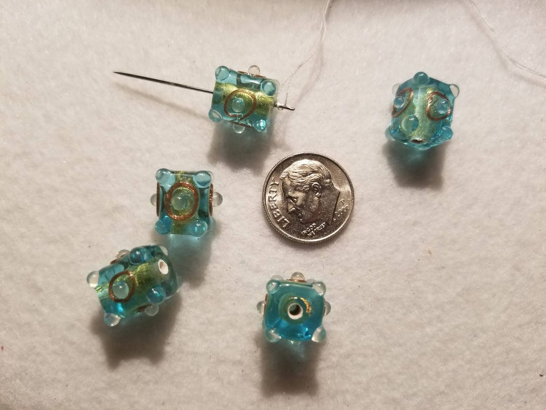 1 Piece 10mm Bumpy Aqua Glass Square With Gold Swirl A4 Lampwork - Etsy