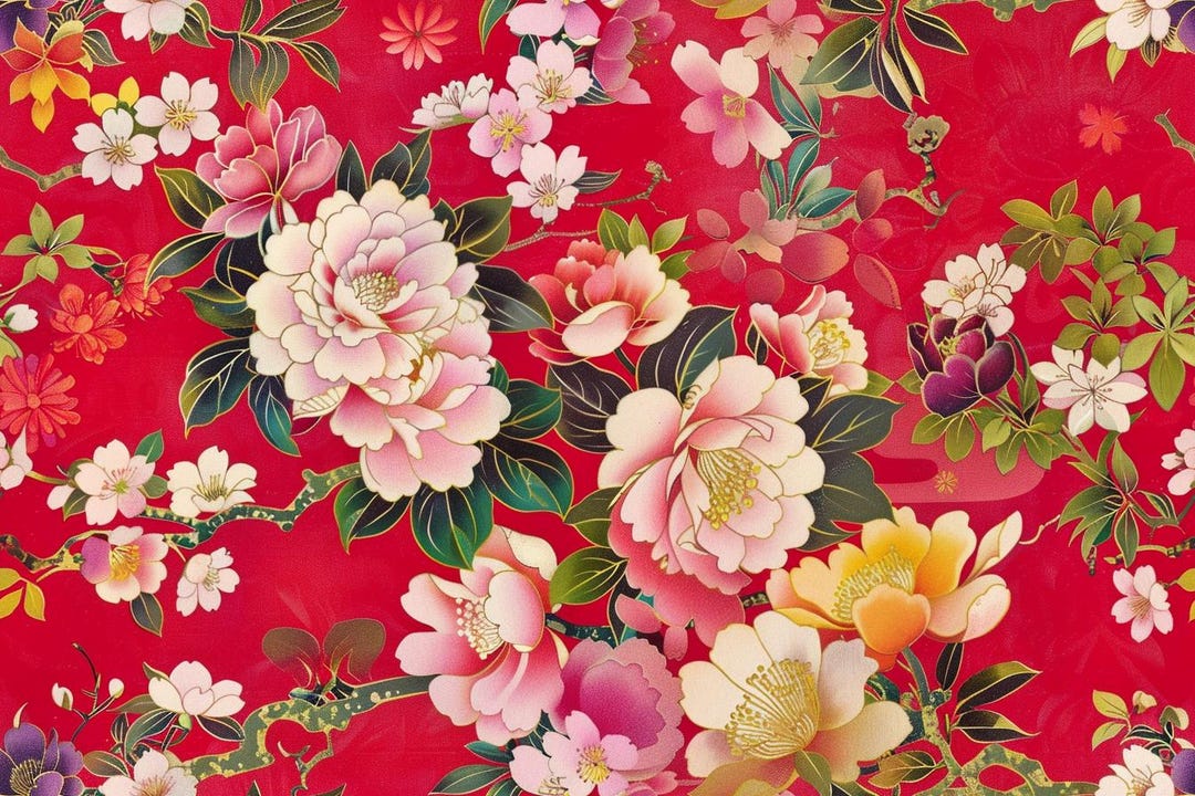 Japanese Satin Fabric. Red Peony & Cherry Blossom Fabric – Elegant ...